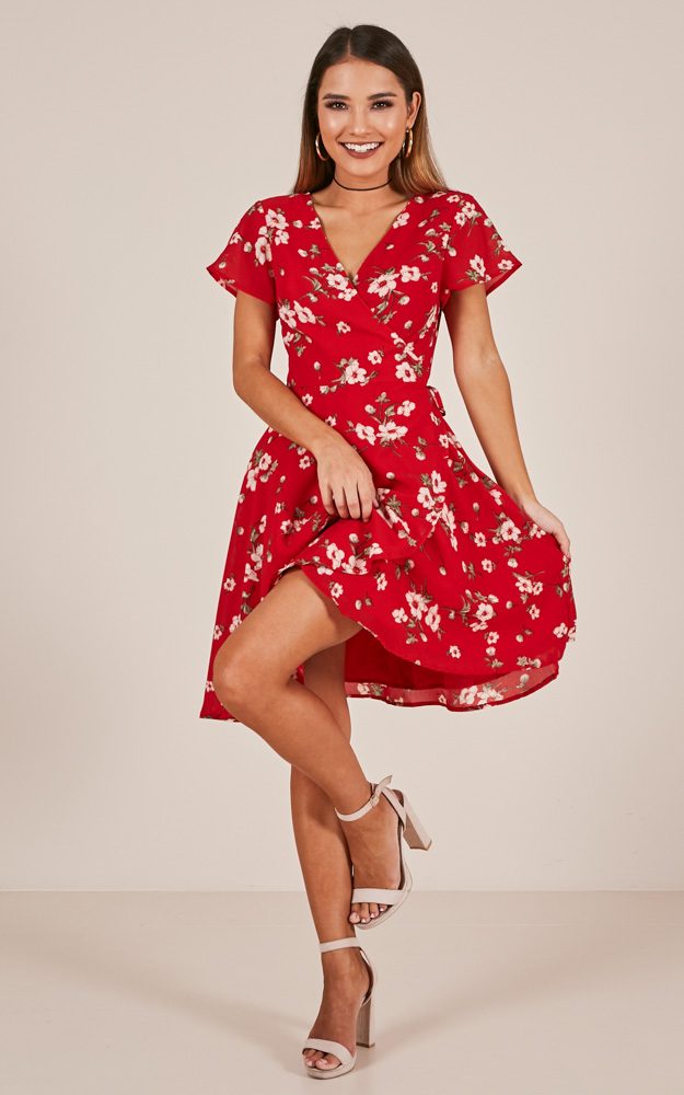 At Ease Dress In Red Floral Showpo