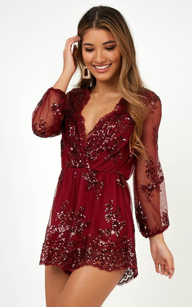 Big Baller Playsuit In Wine Sequin | Showpo Big Baller Playsuit In Wine Sequin | Showpo